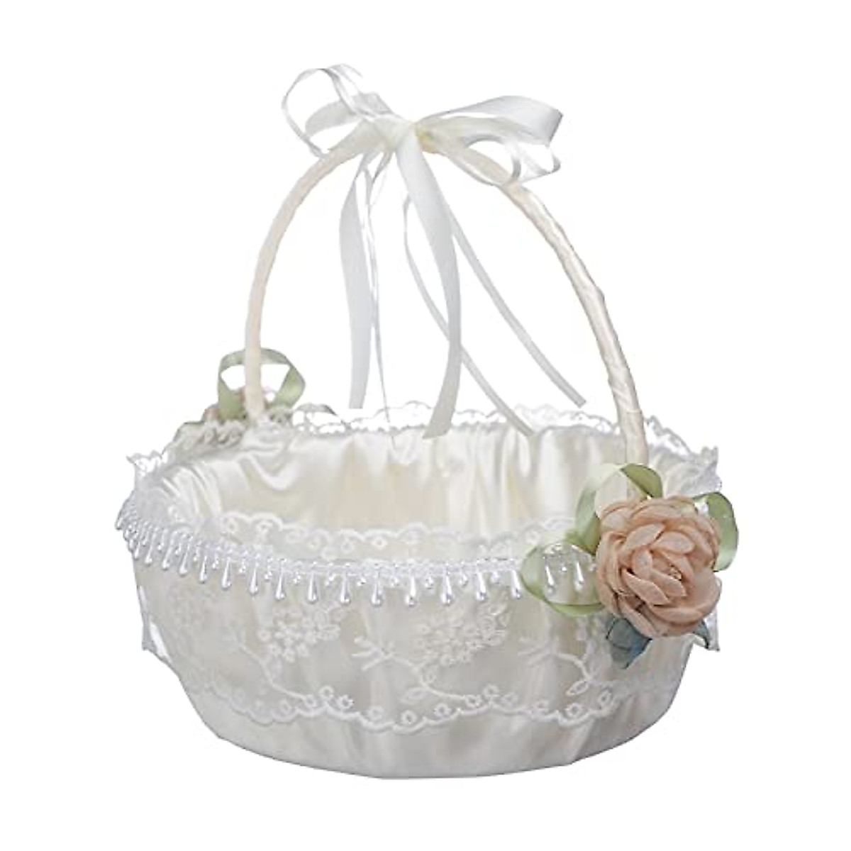 NEOITY Wedding Flower Girl Basket, White Flower Basket with Handle, Elegant Satin Flower Basket Decorated with Lace, Peals and Bows for Wedding Ceremony Party Decoration(#1)