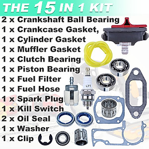 Chainsaw Cylinder Crankcase Muffle Gasket Oil Seal Crankshaft Ball Bearing 15pcs Kit for Husqvarna 362 365 371 372 372XP Replacement Parts with Washer, Clutch Piston Bearing Fuel Filter etc.
