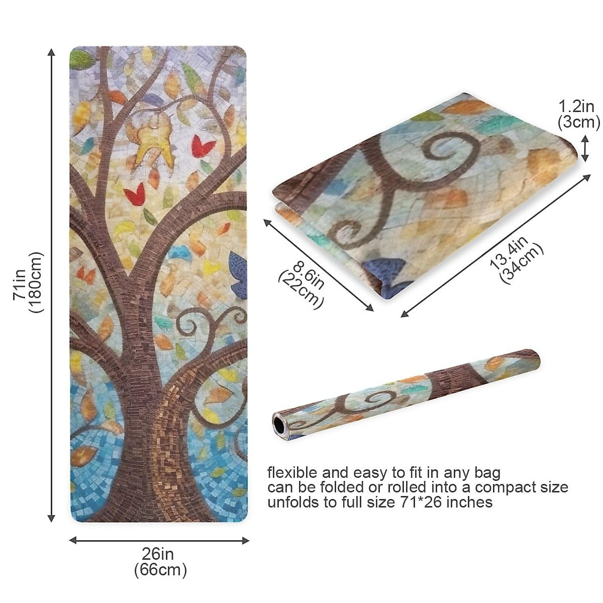 GOODOLD Mosaic Art Tree Yoga Mat, 71 x 26 Inch Non-slip Yoga Mats Folding Travel Exercise Mat Indoor Outdoor Gym Pilates with Storage Bag for Women Men