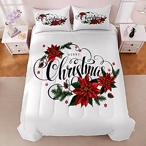 GRAT TIOC Christmas Comforter King,Xmas Bedding Set Set,Red Poinsettia Flowers Comforter Merry Christmas Bed Bedroom Set Home Decor for Kids Girls Women White