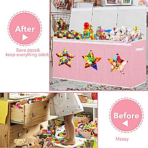 Xmasorme Toy Box for Girls,Extra Large Toy Storage Organizer Bins with Star Transparent Windows,Sturdy Handles and Mesh Bag, Foldable Storage Box for Nursery, Playroom, Bedroom(Pink)