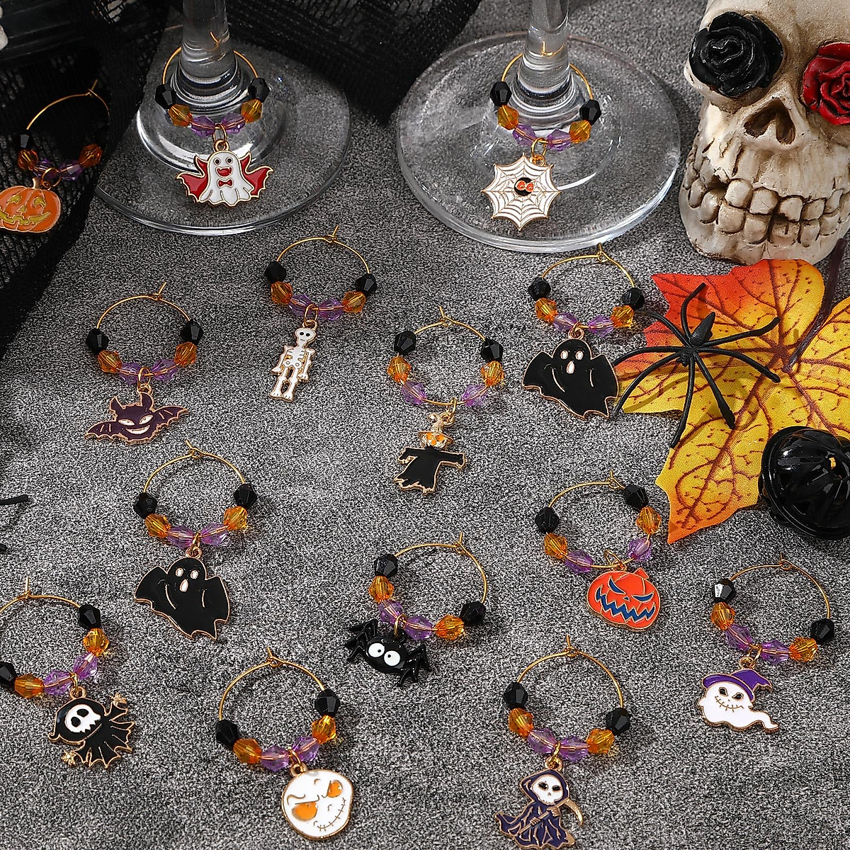 SANNIX 24Pcs Halloween Wine Charms, Halloween Wine Glass Charms for Stem Glasses, Wine Glass Markers Wine Charms for Halloween Wine Party Decorations