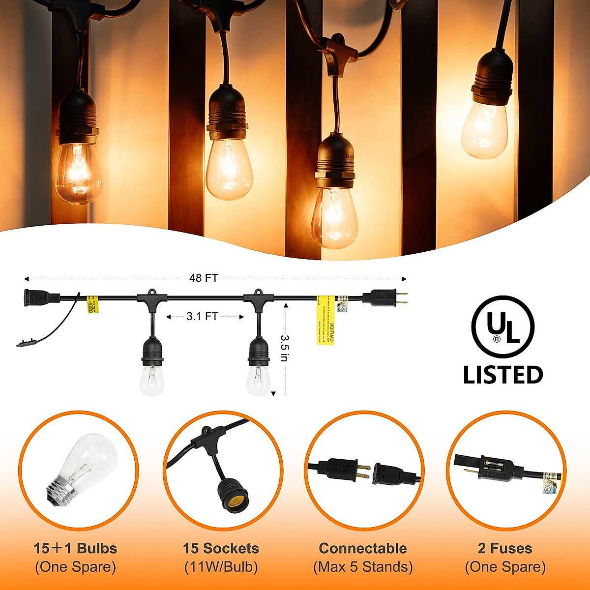 ZOXJOY Outdoor String Lights Weatherproof Strand Edison 15+1 Bulbs, 50FT UL Listed Heavy Duty Decorative Café Market Patio Lights for Bistro Garden Porch