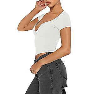 REORIA Women’s Summer Sexy Casual Henley V Neck Button Down Short Sleeve Going Out Y2K Ribbed Tshirts Crop Tops White Small