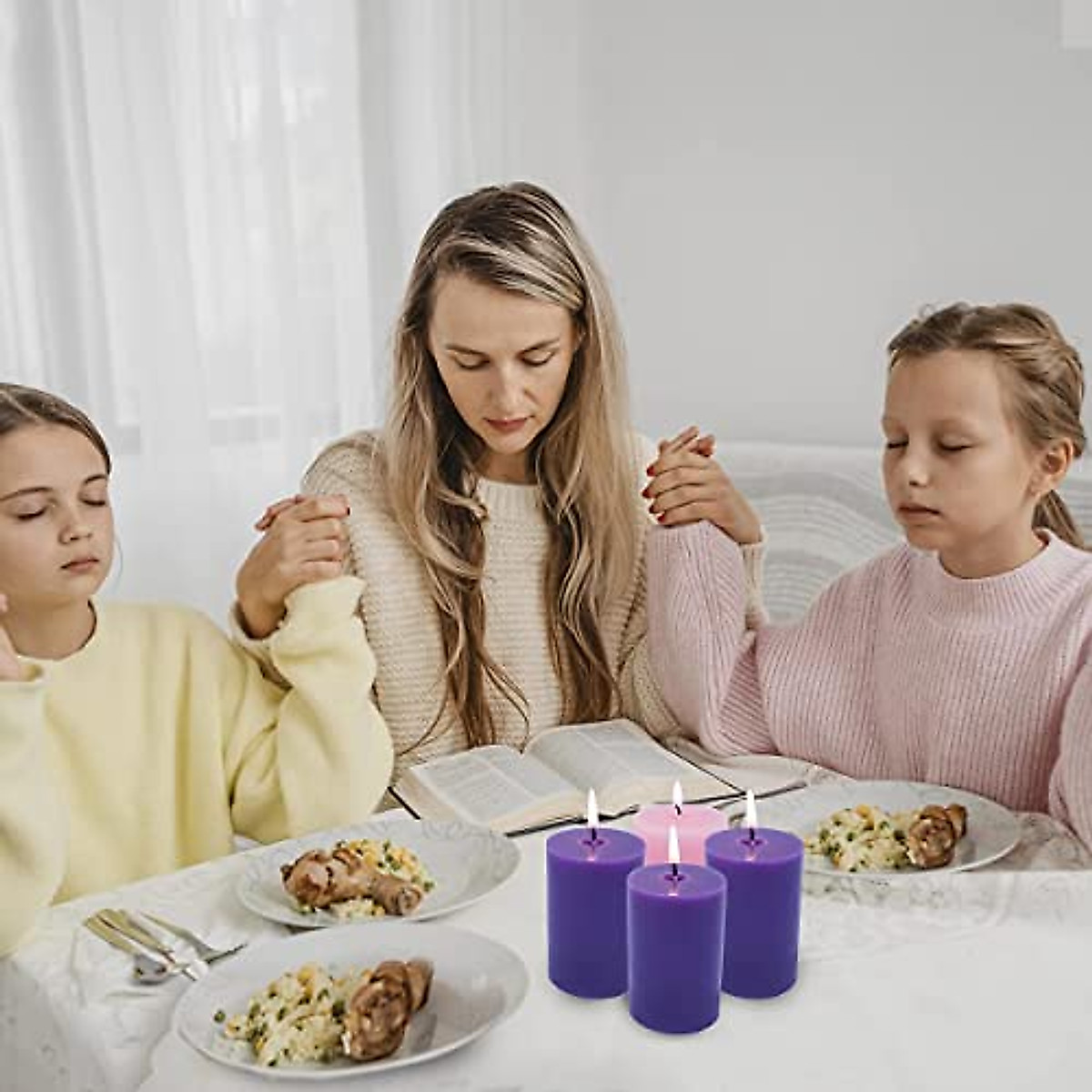 3×4 Inch Advent Pillar Candles, 3 Purple and 1 Pink Seasonal Celebration Candles for Advent Wreath and Christmas Decorations, Long-Lasting Slow-Burning Dripless Candle