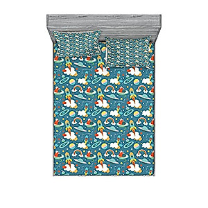 Lunarable Outer Space Fitted Sheet & Pillow Sham Set, Cartoon Universe with Colorful Alien Planets Spaceships and Constellations, Decorative Printed 6 Piece Bedding Decor, Calking, Multicolor
