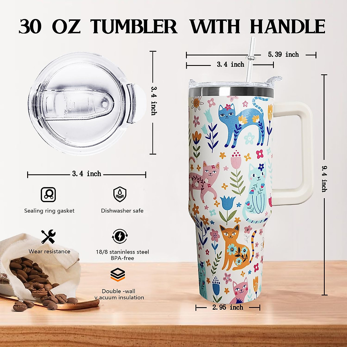 wmvhdiw 30 Oz Tumbler With Handle,Coffee Travel Mug Cup Water Bottle,Cat Decor,Cat Gifts for Women