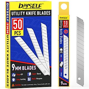 DIYSELF 50Pcs 9mm Utility Knife Replacement Blades, Snap Off Blades for 9MM Universal Box Cutters (60°)