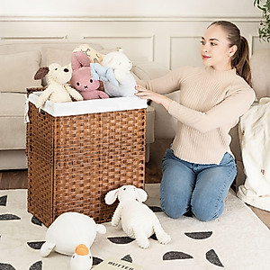 BKSFOAA Laundry Basket with lid, (26.4-Gallon)100L Wicker Laundry Hamper Foldable 2 Removable Liner Bags, Handwoven Rattan Laundry Baskets with Handles, ISO 9001:2015 - Factory Certified, Brown