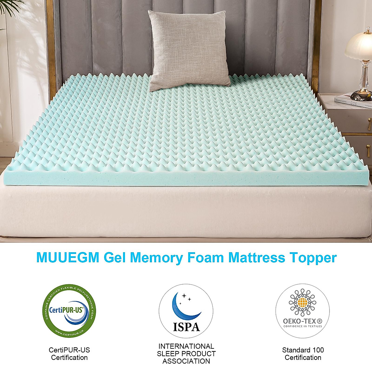 MUUEGM Mattress Topper, 2 Inch King Memory Foam Mattress Toppers - Egg Crate Gel Infused Cooling Pad for Breathable Comfort and Back Pain Relief