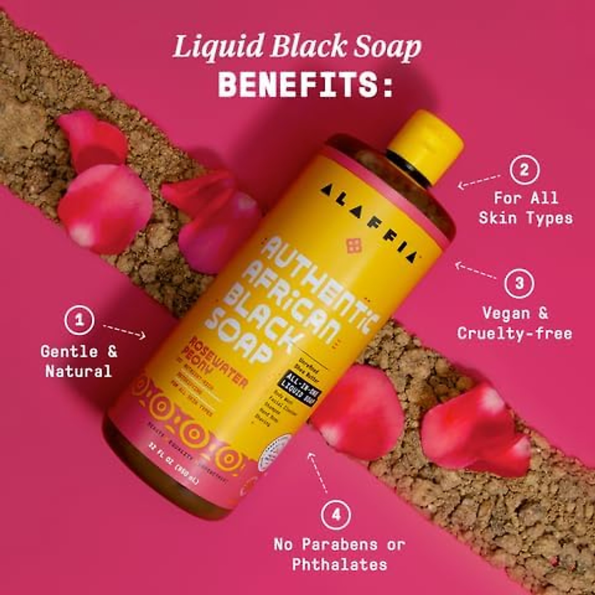 Alaffia Authentic African Black Soap Variety 2-Pack – All-In-One Liquid Soap, Travel-Size Eucalyptus Tea Tree + Full-Size Rosewater Peony Body Wash, Face Wash, Shampoo, Shaving Soap