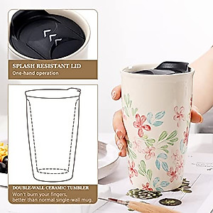 ANTIS'S HOME Ceramic Travel Mug with Lid, Flower Pattern Double Wall Coffee Mug Tumbler 10 oz, Reusable Tall Cup, Splash Resistant Lid, Dishwasher Microwaveable Safe