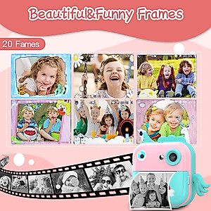 Instant Print Camera for Kids,Inkless Sticker Printer for Girls Boys Age 3-12, 20MP HD Digital Video Cameras, Mini Thermal Printer Kid Toy with 3 Rolls Photo Paper, 5 Color Pens, 32GB Card-Pink