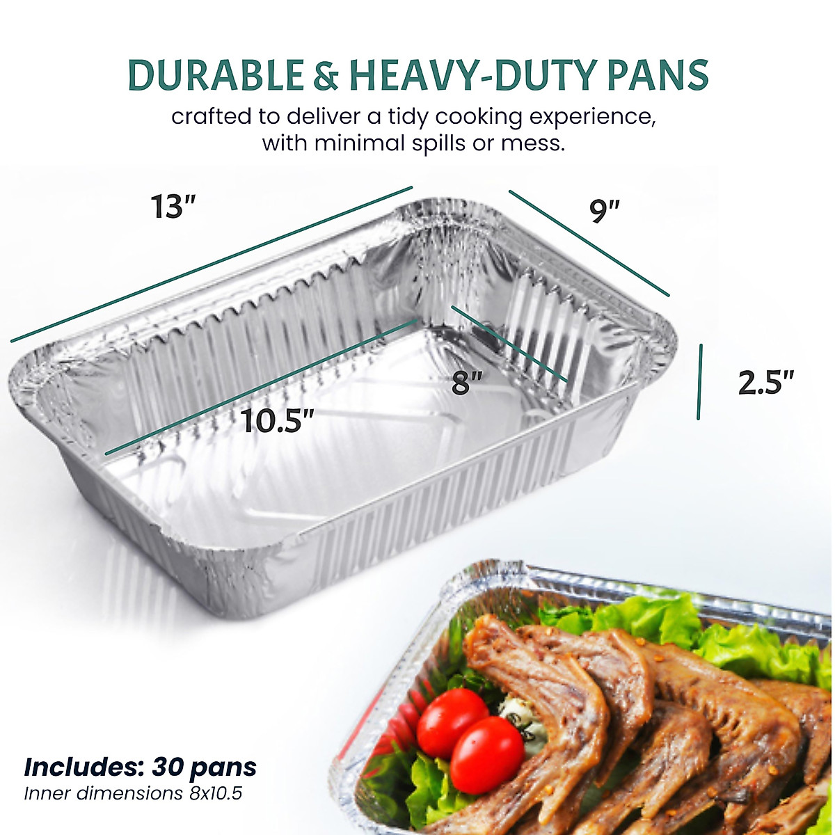 FUNSTITUTION Aluminum Foil Pans 9x13 (30 Pack) - Disposable Aluminum Baking Pans With High Heat Conductivity For Grilling, Cooking, Storing, Prepping, Disposable Aluminum Pans and Tin Foil Pan