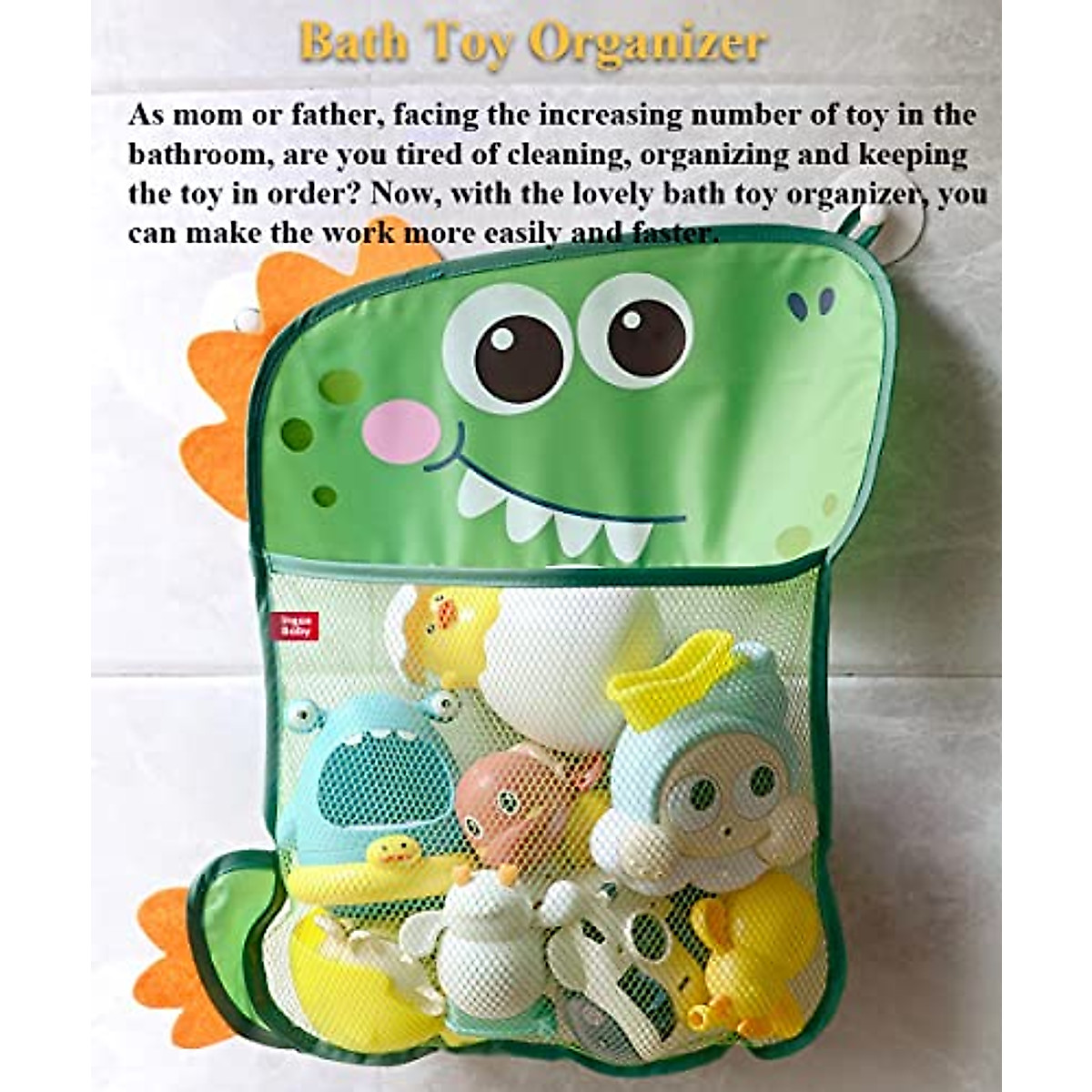 NEXTAKE Baby Bath Toy Organizer, Lovely Cartoon 2 Sided Mesh Hanging Bathtub Toy Holder Quick Dry Mesh Storage Box Large Capacity Tub Toy Storage Bag with 2 Strong Suction Cup Hooks (Dinosaur)