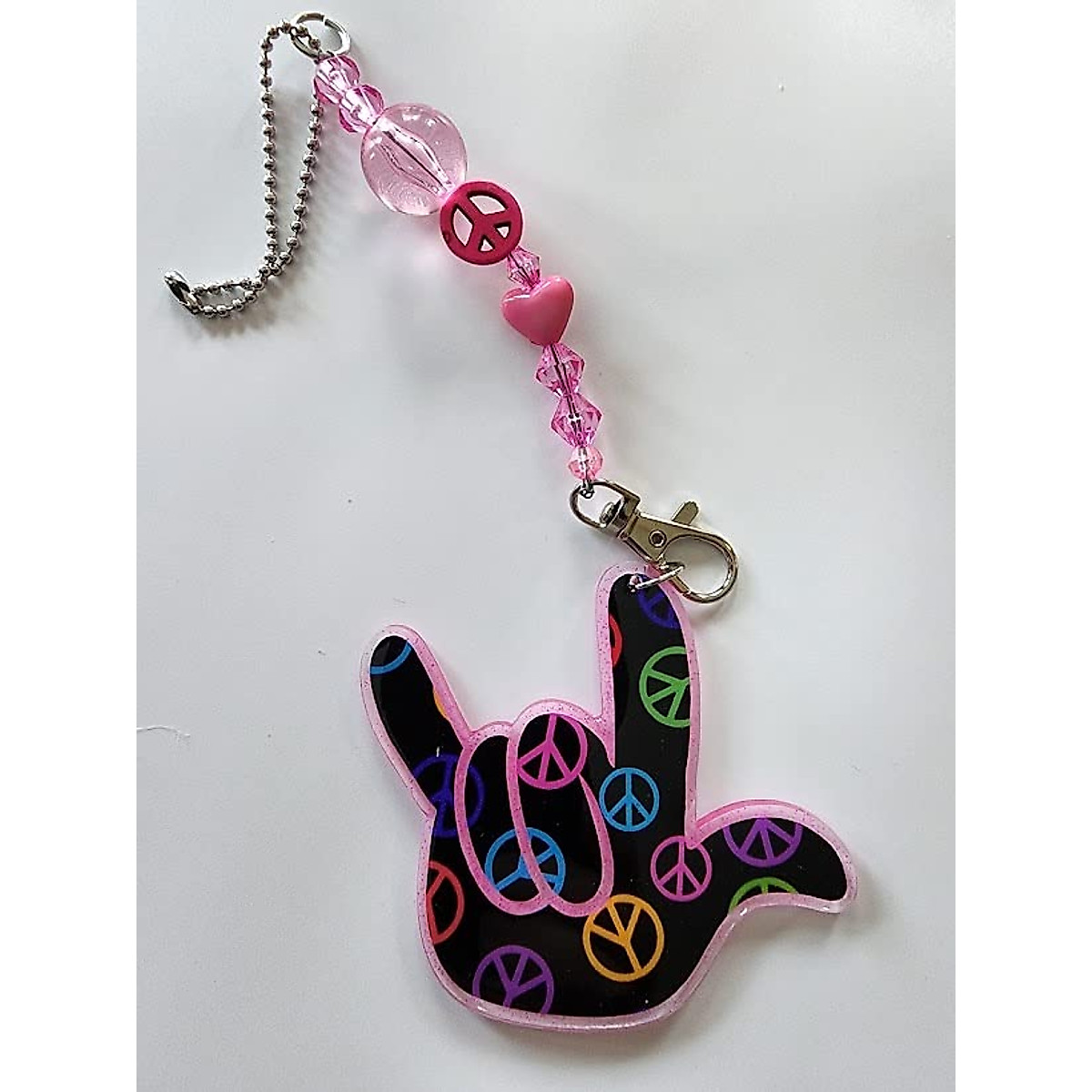 PEACE AND LOVE PINK GLOW IN THE DARK BEADED REAR VIEW MIRROR HANGINGE CAR CHARM - HANDMADE - FREE STANDARD SHIPPING