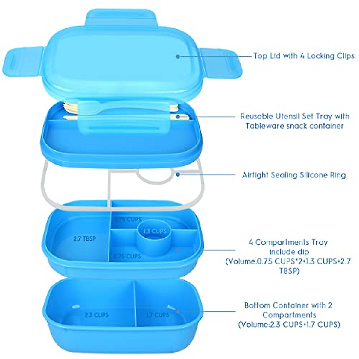 LEITAO 29 Packs Bento Box Kids Adult Lunch Box Container, 1900ML 3 Layer Stackable Lunch Box for Adults/Kids, Multiple Compartments Bento Box With Built-in Utensil Set, DIY Accessories, Bags (Black)