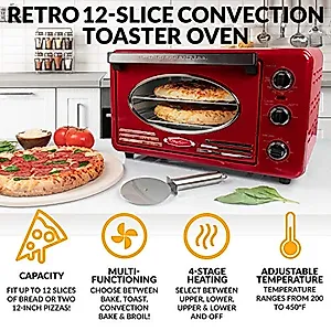 Nostalgia RTOV2RR Large-Capacity 0.7-Cu. Ft. Capacity Multi-Functioning Retro Convection Toaster Oven, Fits 12 Slices of Bread and Two 12-Inch Pizzas, Built In Timer, Includes Baking Pan,Metallic Red