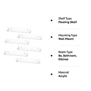 LikeU 6 PCS Clear Acrylic Floating Shelves Book Shelf Display Ledge,5 MM Thick Wall Mounted Storage Shelf for Nursery Decor,Invisible Kids Bookshelf and Small Toy Storage,15 Inch
