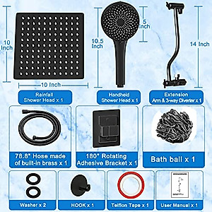 10" Rainfall Shower Head with Handheld Combo, Upgraded 12" L-Shaped Adjustable Extension Arm & 3-Way Diverter, Shower Head Jet Mode Headheld Shower with 5-Spray Mode