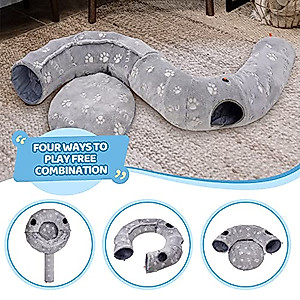 OUHOU Cat Tunnel Bed Tube with Plush Cover, Cat Tunnels for Indoor Cats, 3 Hanging Balls and 4 Peephole, Collapsible Self-Luminous Flannel Fabric for Large Cats, Bunny, Puppy