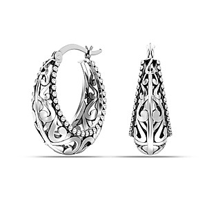 925 Sterling Silver Hoop Earrings | 925 Silver Filigree Hoops Earring | Small Round Hoops for Women - 20mm