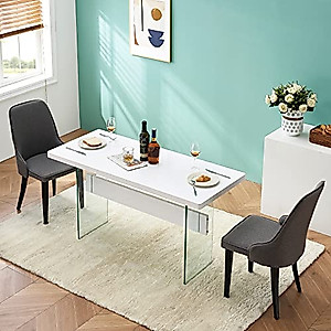 ivinta Modern White Dining Table, High Glossy Dining Room Table for 4/6, Glass Desk Table for Small Space, 55 inches Rectangular Dinner Table for Kitchen, Dining Room, Living Room (White)