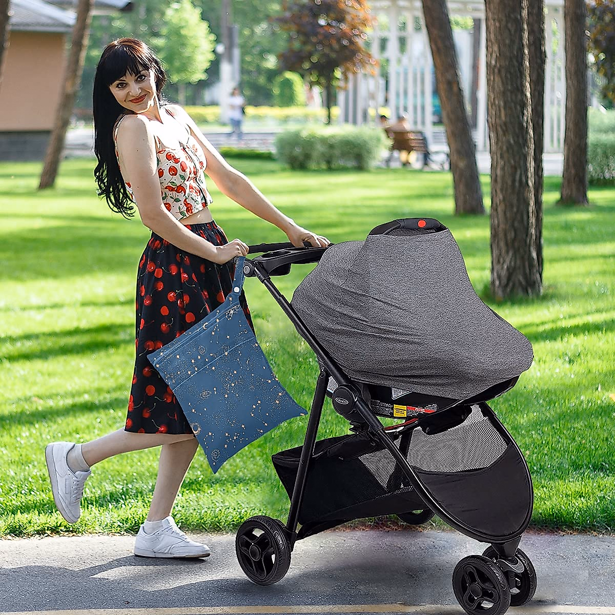 2 PCs Wet Dry Bag Moon Star Space Constellation Pattern Waterproof Wet Bag Cloth Reusable Diapers Wet Swimsuit Bag for Toiletries Travel Beach Pool Stroller Gym