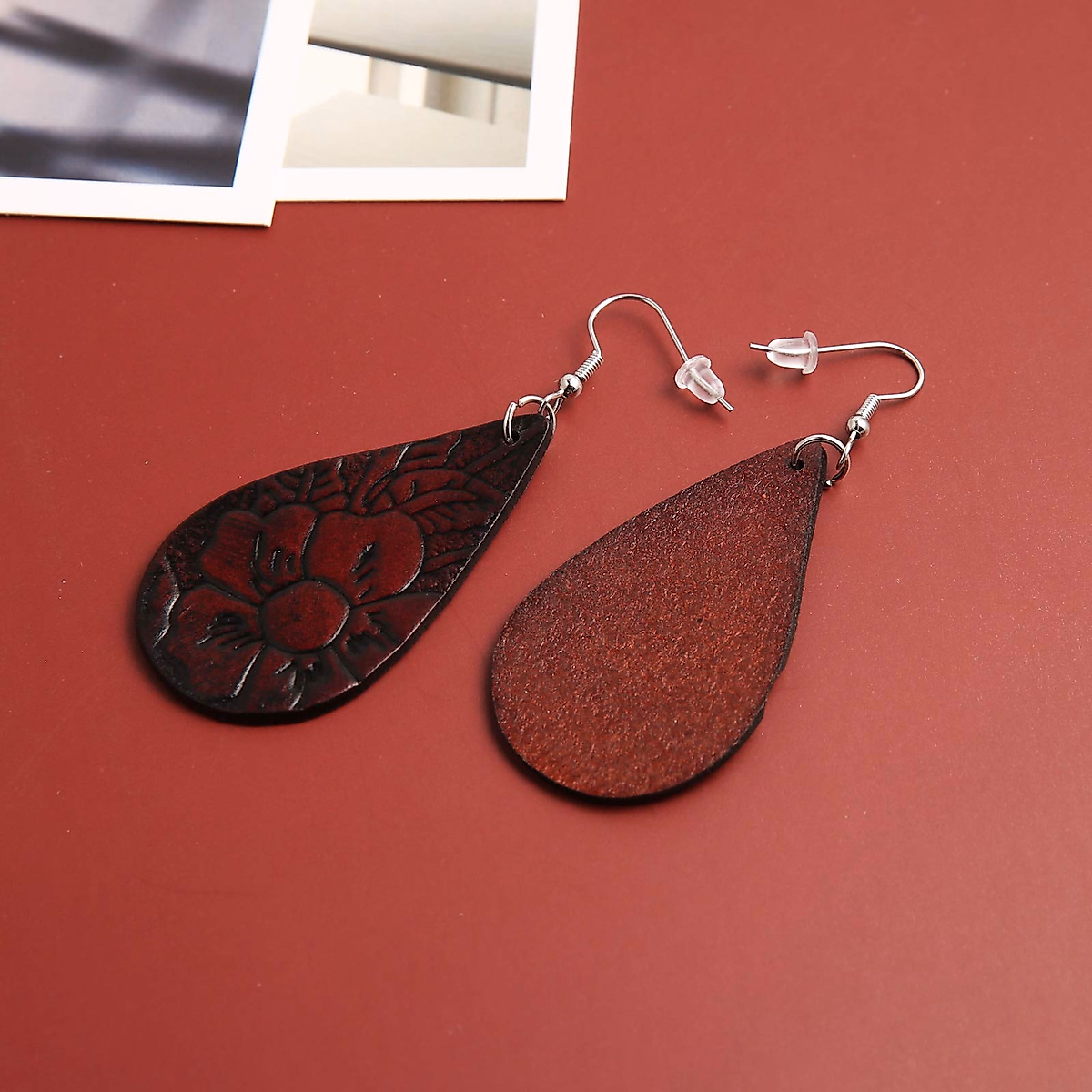 Women's leather leaf earrings fashion pendant spring, summer and autumn ladies earrings (Brown)
