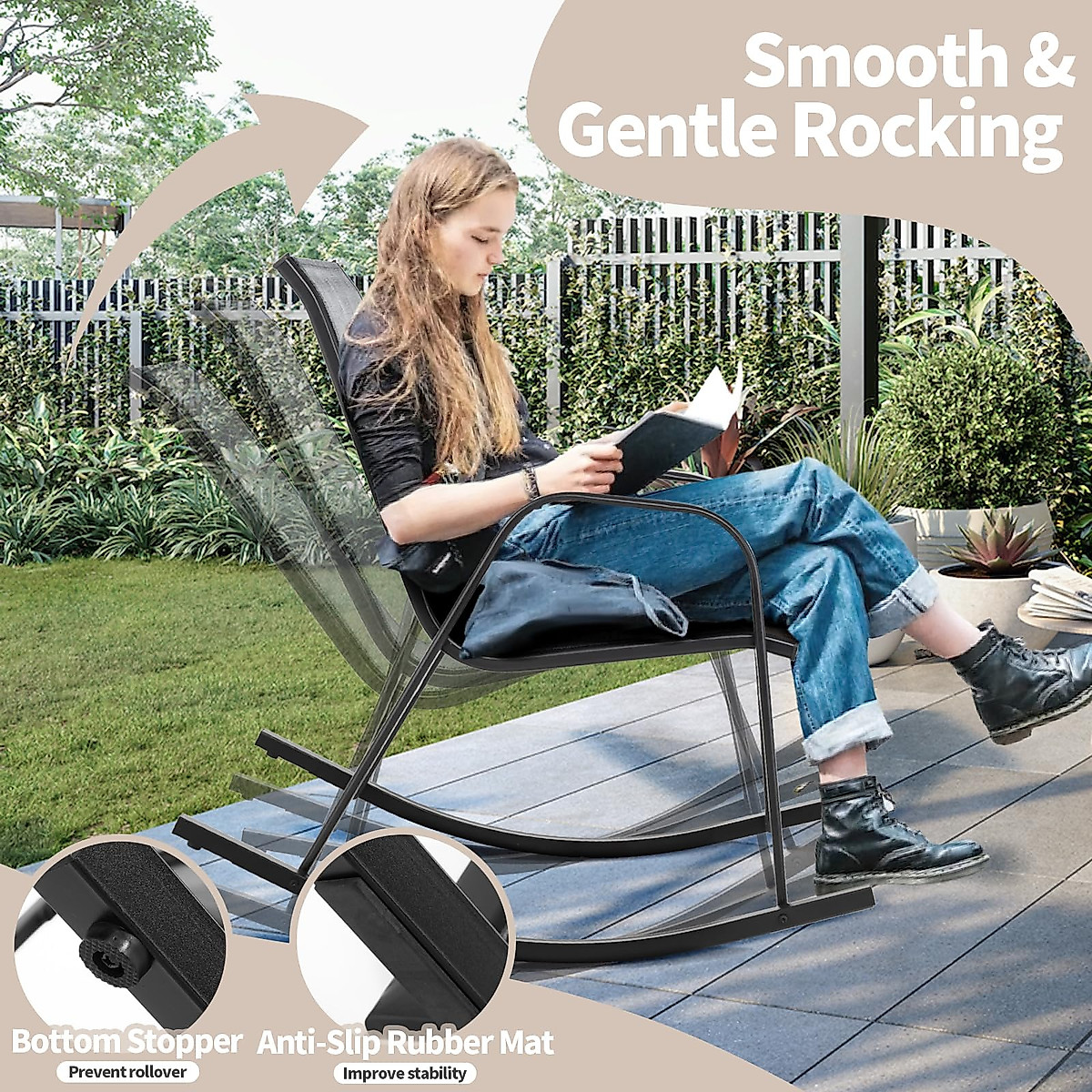 Tangkula Patio Rocking Chair Set of 2, Outdoor Ergonomic Rockers with Breathable Fabric Seat, Gentle Rocking Function, Sturdy Metal Rocker for Front Porch, Backyard, Garden