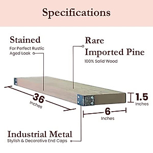 Willow & Grace Designs Modern Rustic Wooden Wall Mounted Shelves with Decorative Iron Corners for Home Rooms, Rustic Gray, 36 Inch, (Set of 2)