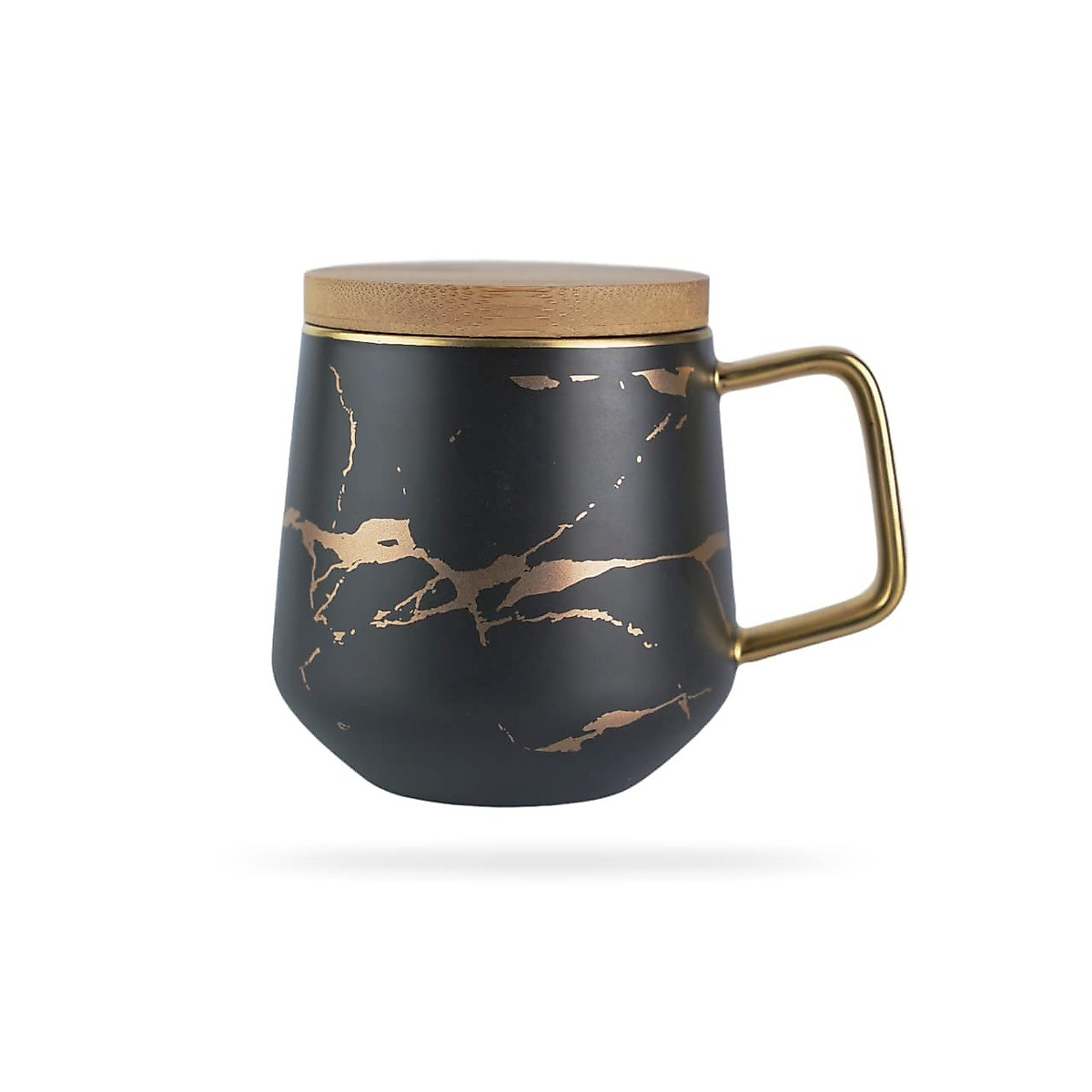 Classic Ceramic Kintsugi Style Black Coffee Tea Mug with Gold Inlay, Spoon and Bamboo Lid- 12 OZ, Large Mugs for Men and Women, Unique Design, Perfect Novelty Gift- Dishwasher Safe