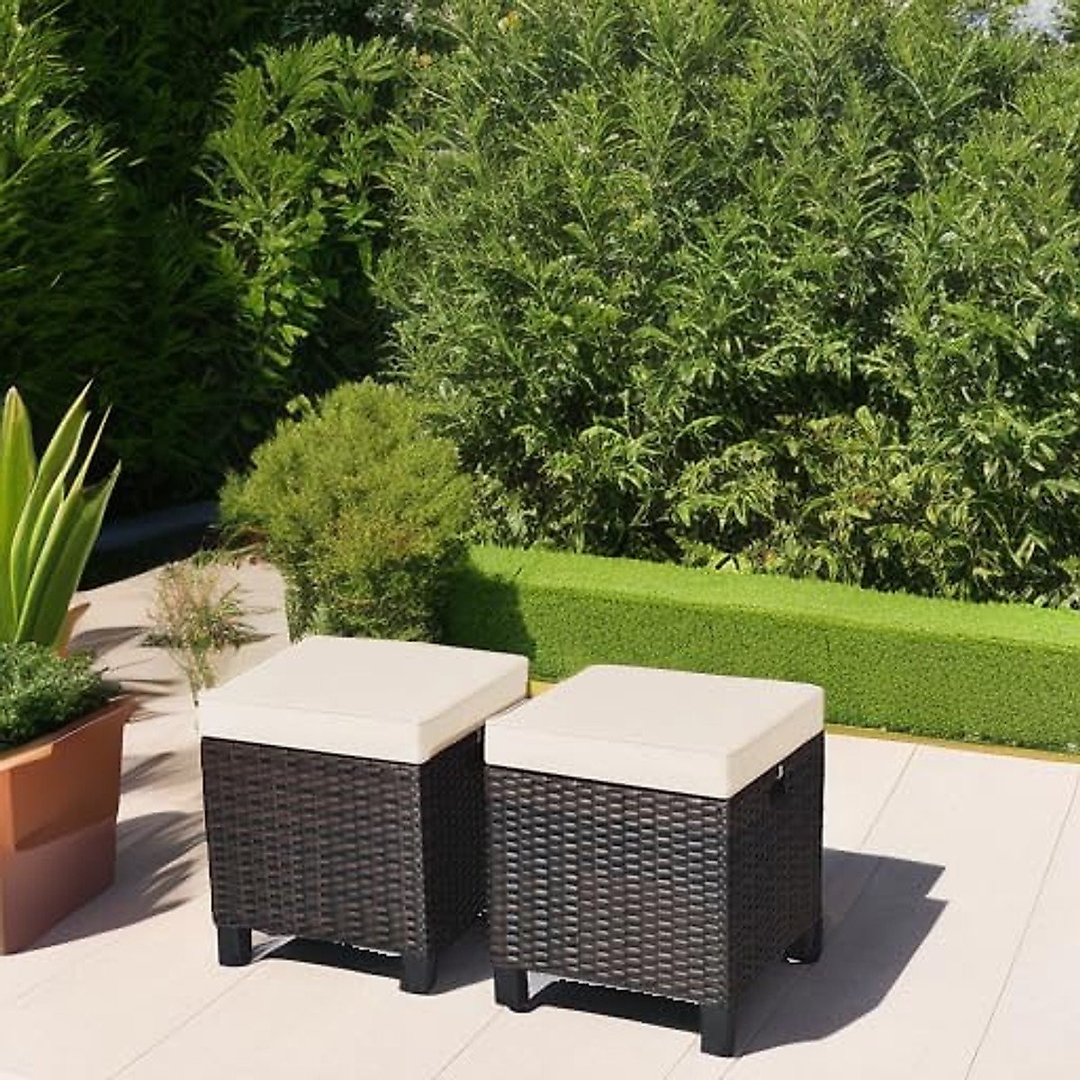 Giantex 2-Piece Rattan Patio Ottoman, All Weather Wicker Ottoman w/Removable Cushion & Steel Frame, Outdoor Footstool Footrest Furniture (Cream)