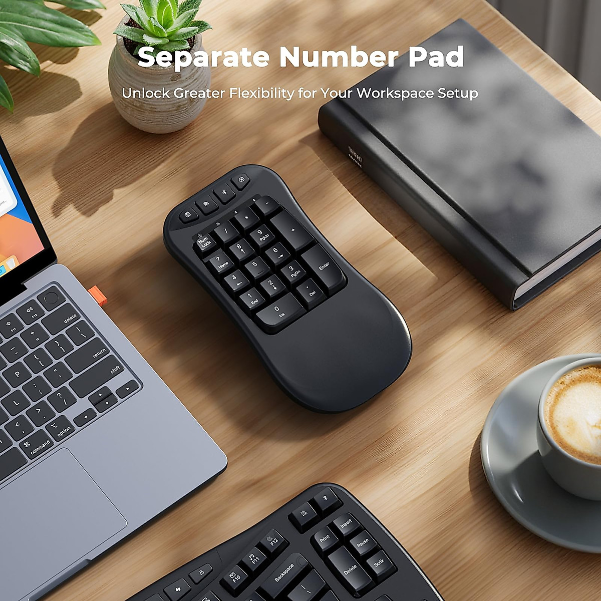 MEETION Ergonomic Wireless Keyboard with Separate Numeric Keypad, Wave Flexible 2-in-1 Setup for Multi-Device, 2.4G/Bluetooth Split Design with Wrist Rest for Accountants/Data Entry/Left-Handed User