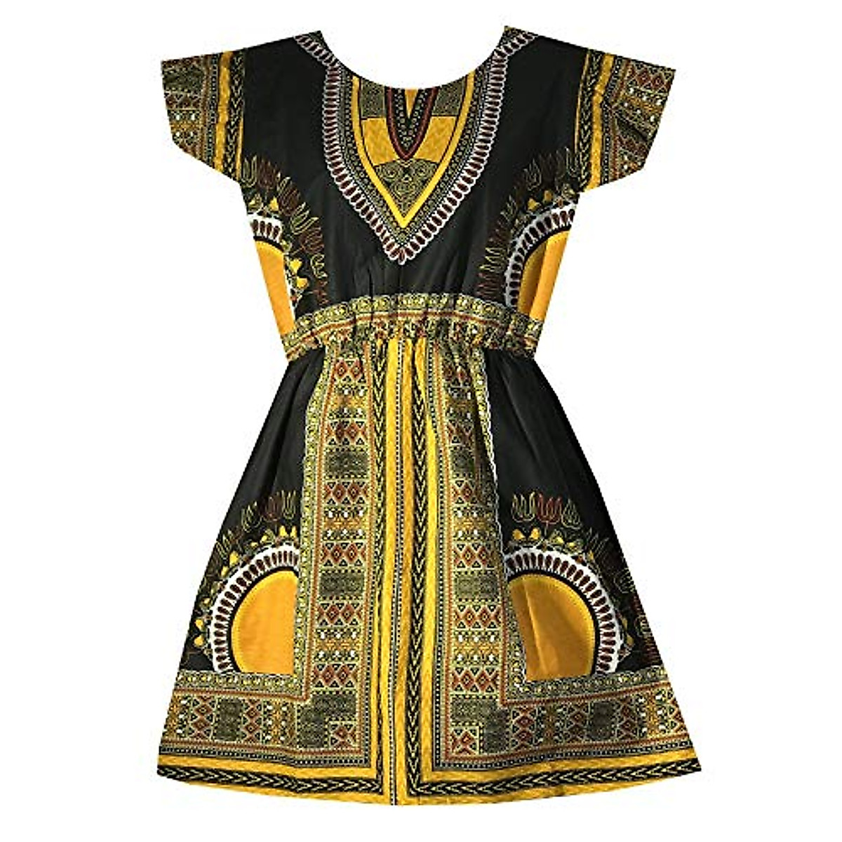 Decoraapparel Girls Dashiki Caftan African Short Baby Doll Dress Above Knee Length (X-Large, Black Yellow)