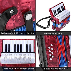 Focket Piano Accordion, 17 Key 8 Bass Button Hand Piano Accordion Lightweight Concertina Educational Music Instrument with Manual, for Solo and Ensemble Beginners Students Kid (Red)