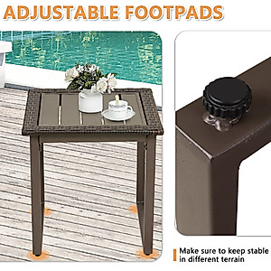 PHIKOOVA Wicker Outdoor Side Table Metal Patio Coffee Table, Metal Square Side Table with Wicker Edge & Slatted Metal Top, for Lawn Garden Backyard, Brown