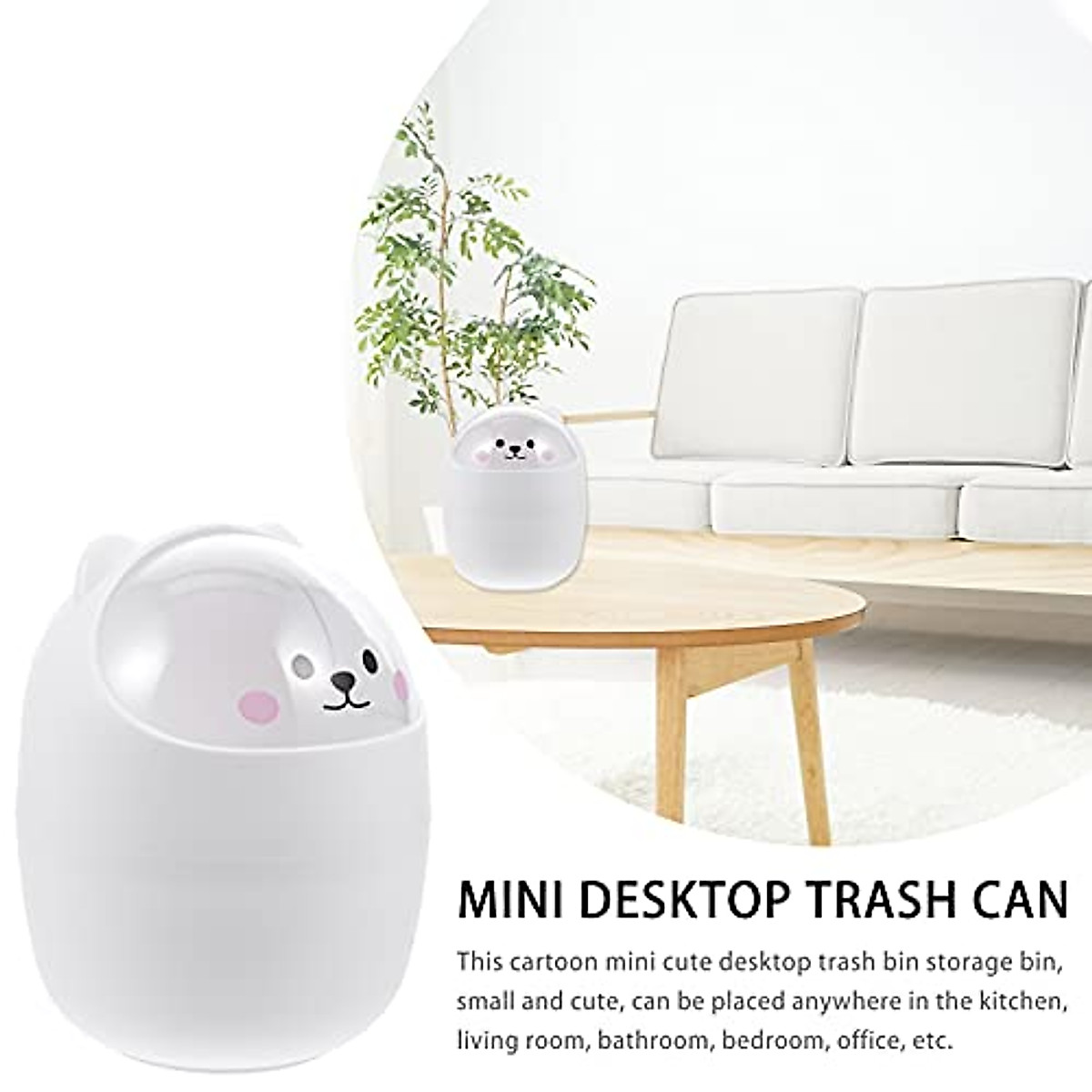 SEWACC Desktop Trash Can Cute Cartoon Table Garbage Storage Can Mini Desktop Wastebasket with Lid Small Office Countertop Garbage Can for Home Office (White)