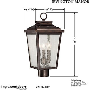Minka Lavery 72176-189 Irvington Manor Outdoor Seeded Glass Post Lights Aluminum Exterior Post Lantern, 3-Light 180 Total Watts, 18" H x 9" W, Chelesa Bronze