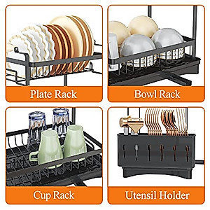 GILLAS Dish Drying Rack for Small Kitchen Counter, 2 Tier Dish Racks with Drainboard Set, Rust-Proof, Upgrade Wooden Handles, Space Saving, Black