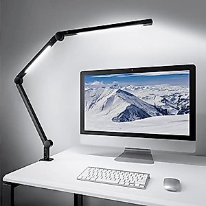 LED Desk Lamp with Clamp, Dual Light Desk Lamp for Home Office, Swing Arm Desk Light, Dimmable 4 Color Modes & 4 Brightness, Eye-Caring Clip-on Lamp with Memory Function for Work Study Reading, 12W