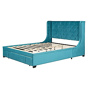 HAUSHECK Upholstered Bed Frame Queen Size with Big Drawer and Classic Button Tufted Wingback Headboard, Modern Platform Bed Frame w/Wooden Slats Support Mattress Foundation, No Box Spring Needed