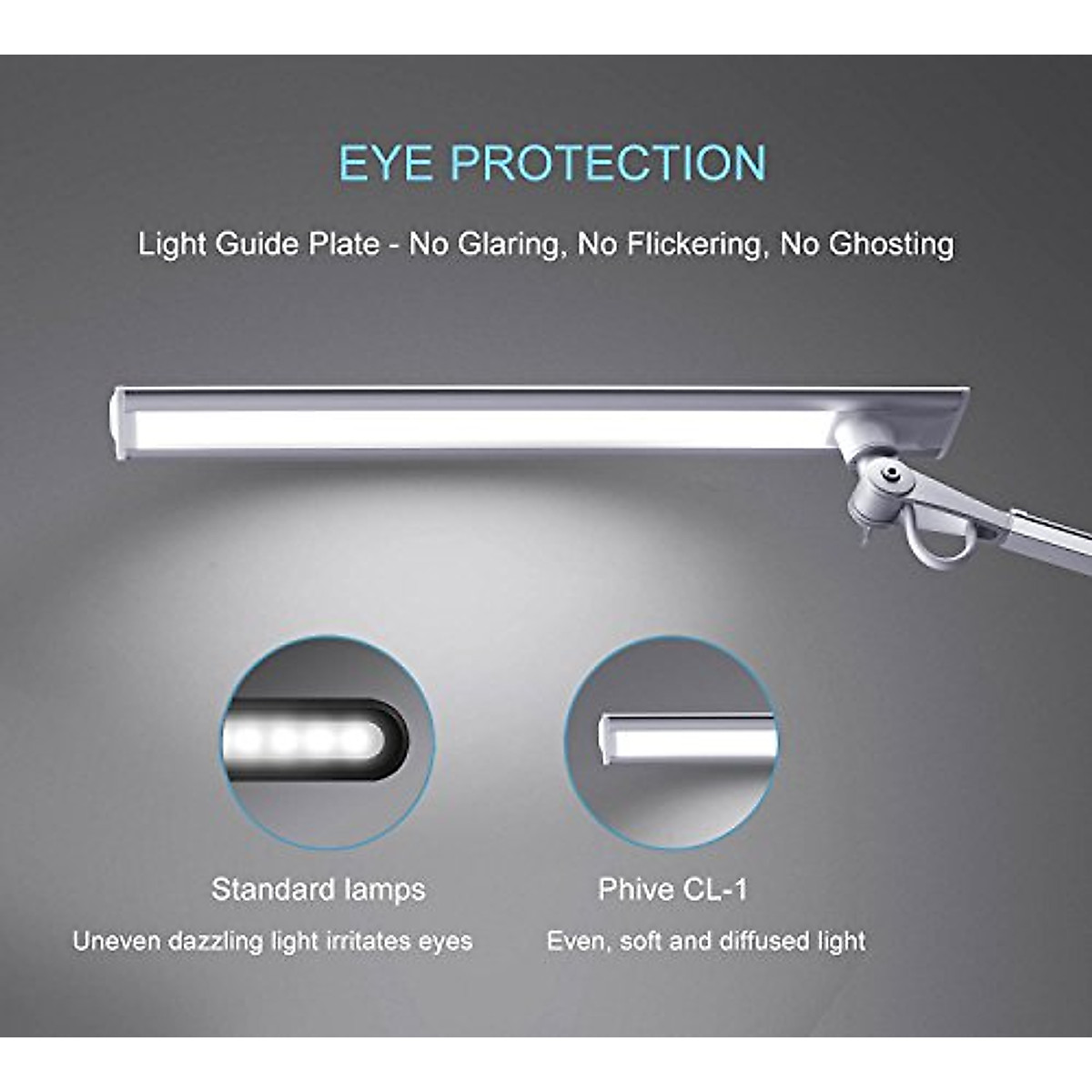 PHIVE CL-1 LED Architect Desk Lamp/Clamp on Desk Lamp,Metal Swing Arm Dimmable Drafting Table Lamp (Touch Control,Eye-Caring,Memory Function,Highly Adjustable Office/Task//Workbench/Work Light) Silver