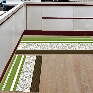 Teamery Kitchen Mat 2PCS, Vintage Green Floral Kitchen Rugs for Kitchen Organization, Home Decor Anti-Fatigue Kitchen Floor Mats Non-Slip Kitchen Decor Runner Rug, Room Decor Standing Desk Mats