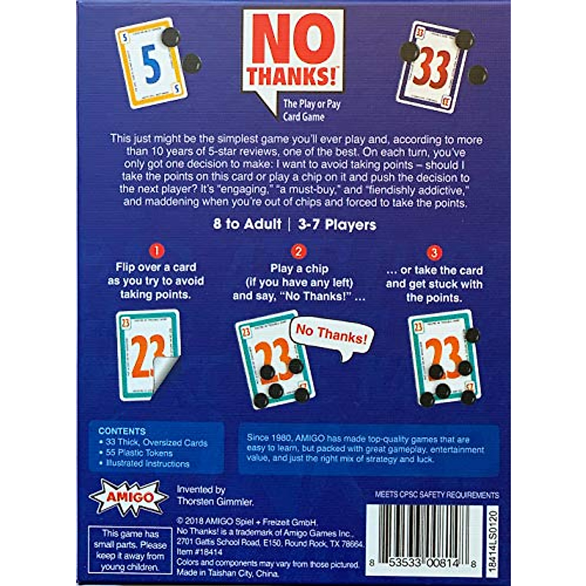Amigo Games No Thanks! The Play or Pay Card Game – Avoid Taking Points in This Exciting & Simple Classic Card Game for Family Game Night – Perfect for Kids & Adults ages 8 & Older
