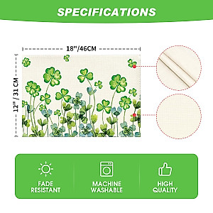 Artoid Mode Clover Shamrock St. Patrick's Day Placemats Set of 4, 12x18 Inch Seasonal Holiday Table Mats for Party Kitchen Dining Decoration