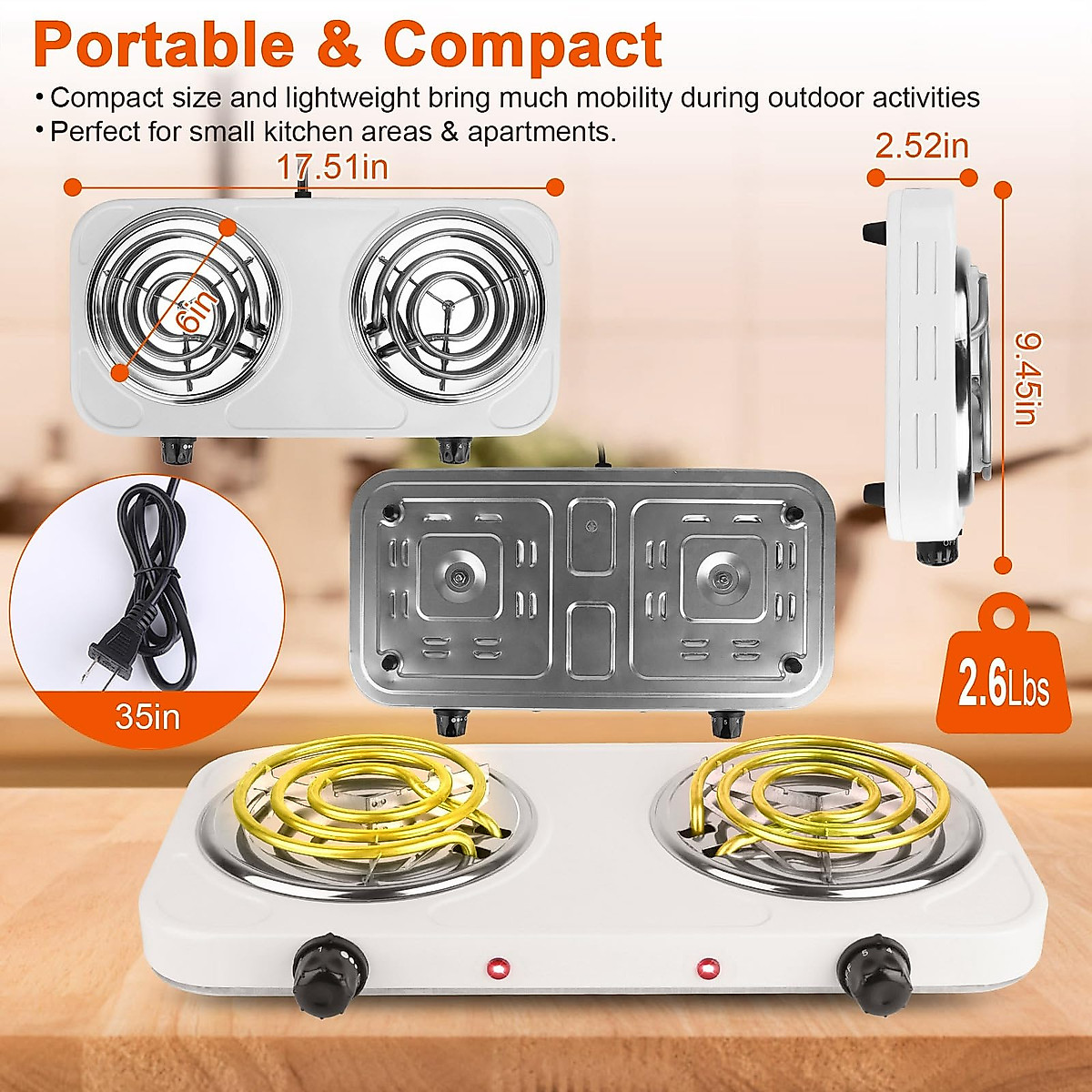 Countertop Burner, Electric Double Burners 2000 Watts, Hot Plate Cooktop with 5 Temperature Control, Non Slip Rubber Feet, Portable Coil Heating Stove Countertop RV Hotplate for Home or Dorm(White 2)