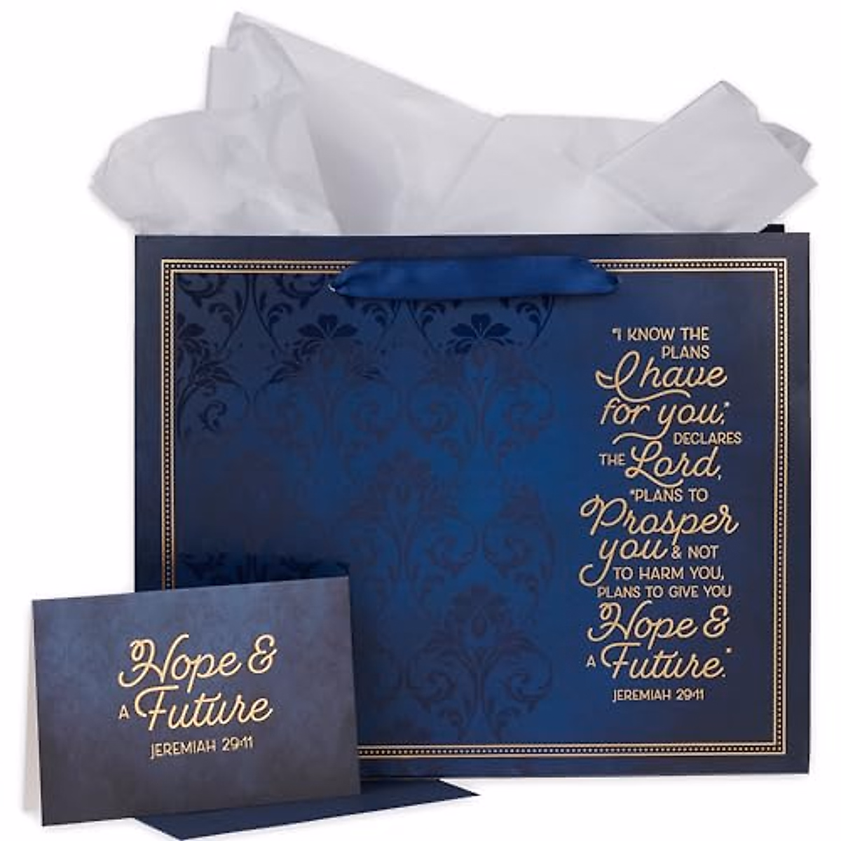 Christian Art Gifts Decorative Landscape Gift Bag w/Card & Tissue Paper Set for Men, Women & Grads: I Know the Plans - Jeremiah 29:11 Inspirational Bible Verse for Graduations, Navy Blue w/Gold, Large