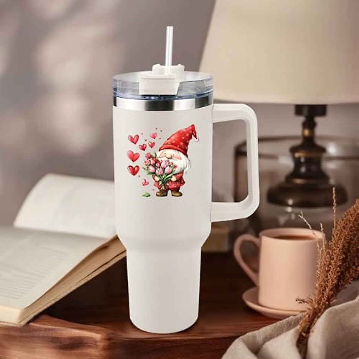 LB LEOBON 40 ounce insulated cup with handle, double-layer vacuum stainless steel material, equipped with straw, can keep warm or maintain cold drinks Red Love Gnome D white