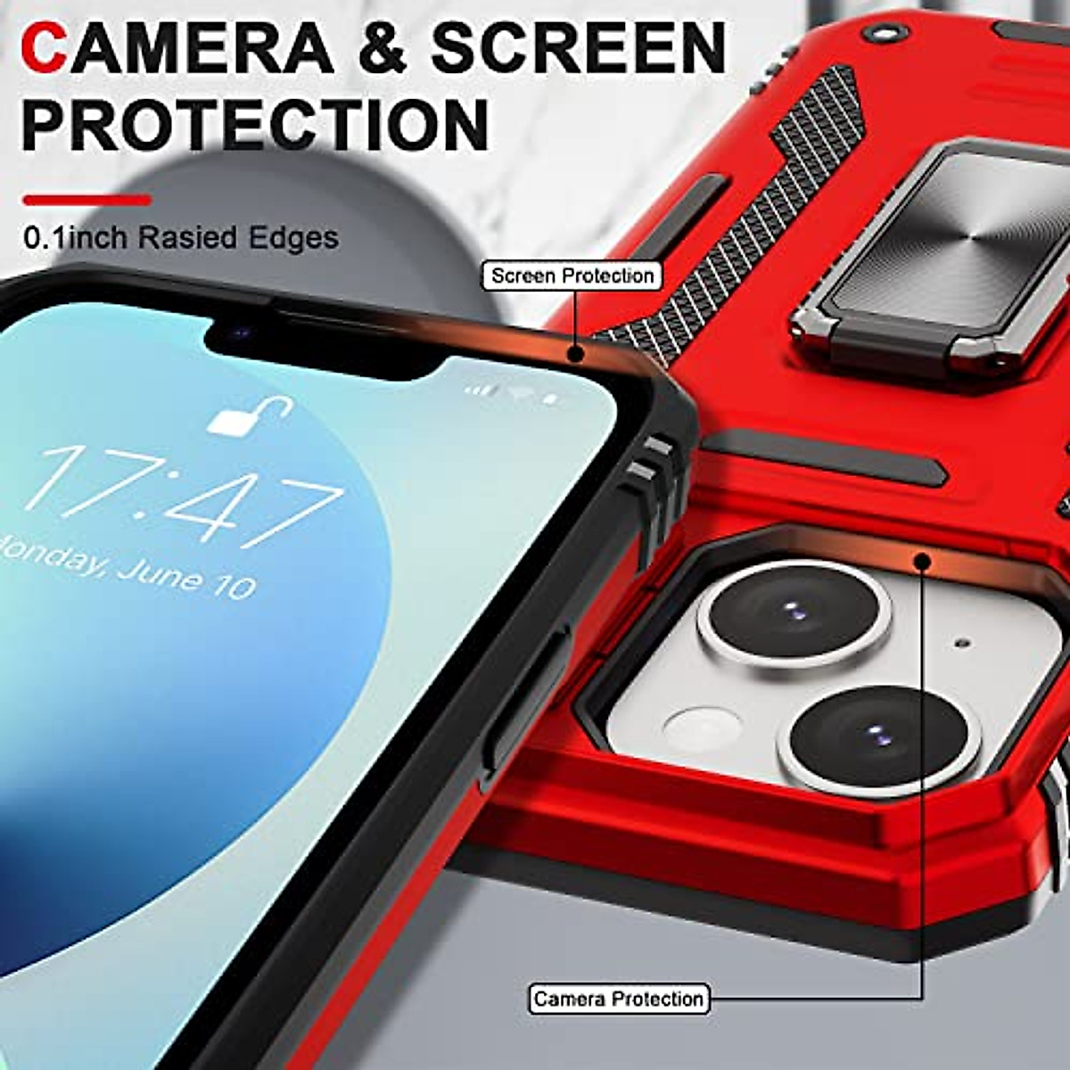 AUPAI iPhone 13 Case with Camera Cover,iPhone 13 Cover with Screen Protector Heavy Duty Military Grade Protective Phone Case with Kickstand for Apple iPhone 13 Red